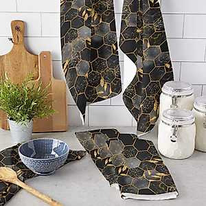 PIEPLE Marble Kitchen Towels - 2 Pack Microfiber Absorbent Dish Towels for Kitchen, Black Gold Grey Grid Irregular Comb Plaid Geometric Farmhouse Kitchen Hand Towels/Tea Towels/Bar Towels 18"x28"