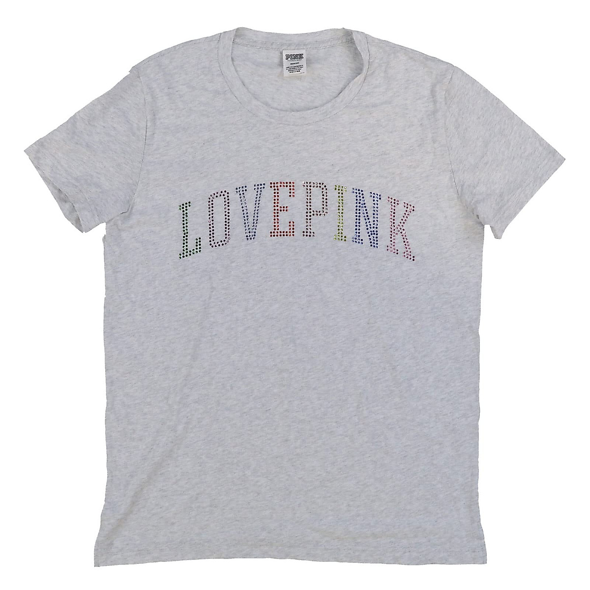 Victoria's Secret Pink Short Sleeve T-Shirt (Light Gray Rainbow Rhinestones, M)