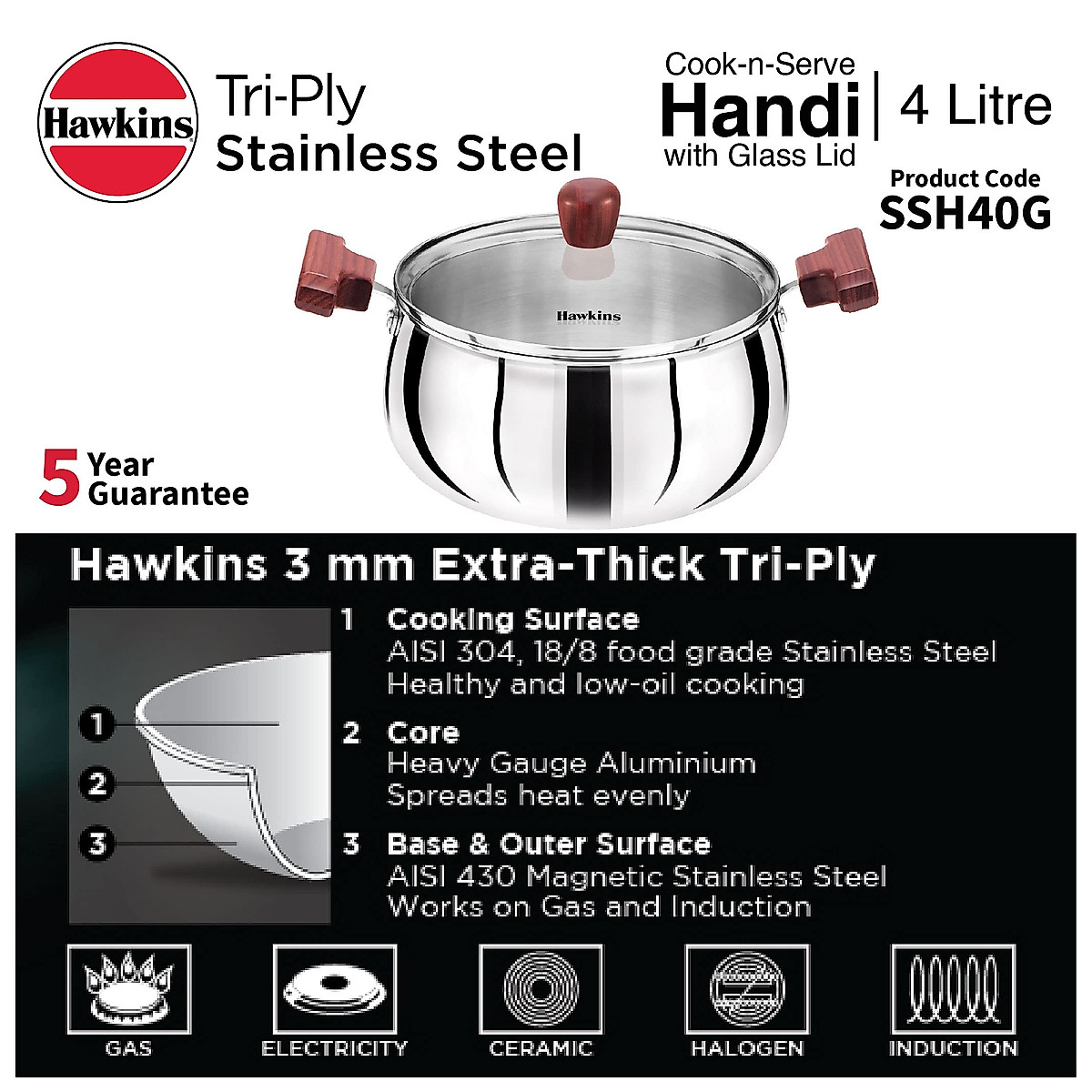 Hawkins 4 Litre Cook n Serve Handi with Glass Lid, Induction Compatible Tri-Ply Stainless Steel Cookware, Cooking Pot, Saucepan, Silver (SSH40G)