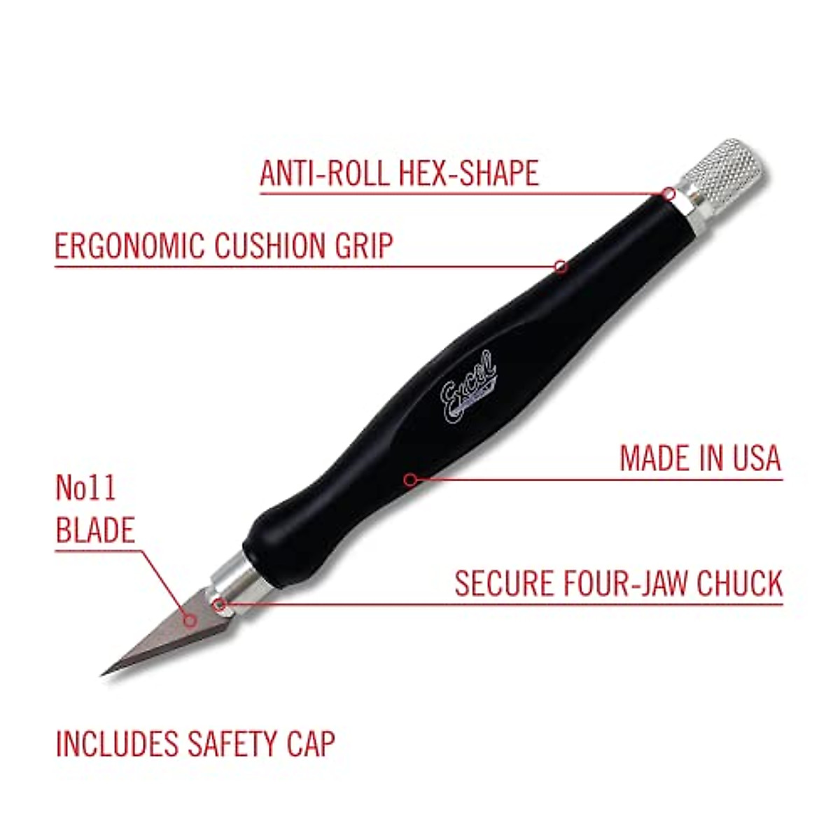 Excel Blades 16026 Fit Grip Knife, Ultra Sharp Hobby Knife with Carbon Steel Blade, Black, Contoured Rubberized Grip Light Duty Precision Cutting Tool.