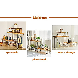 PETUPPY 3 Tier Corner Shelf-Bamboo & Metal Spice Rack with Hooks-Desk Bookshelf Display Shelves Space Saving Organizer,Freestanding Countertop Display Shelves for Bathroom & Office