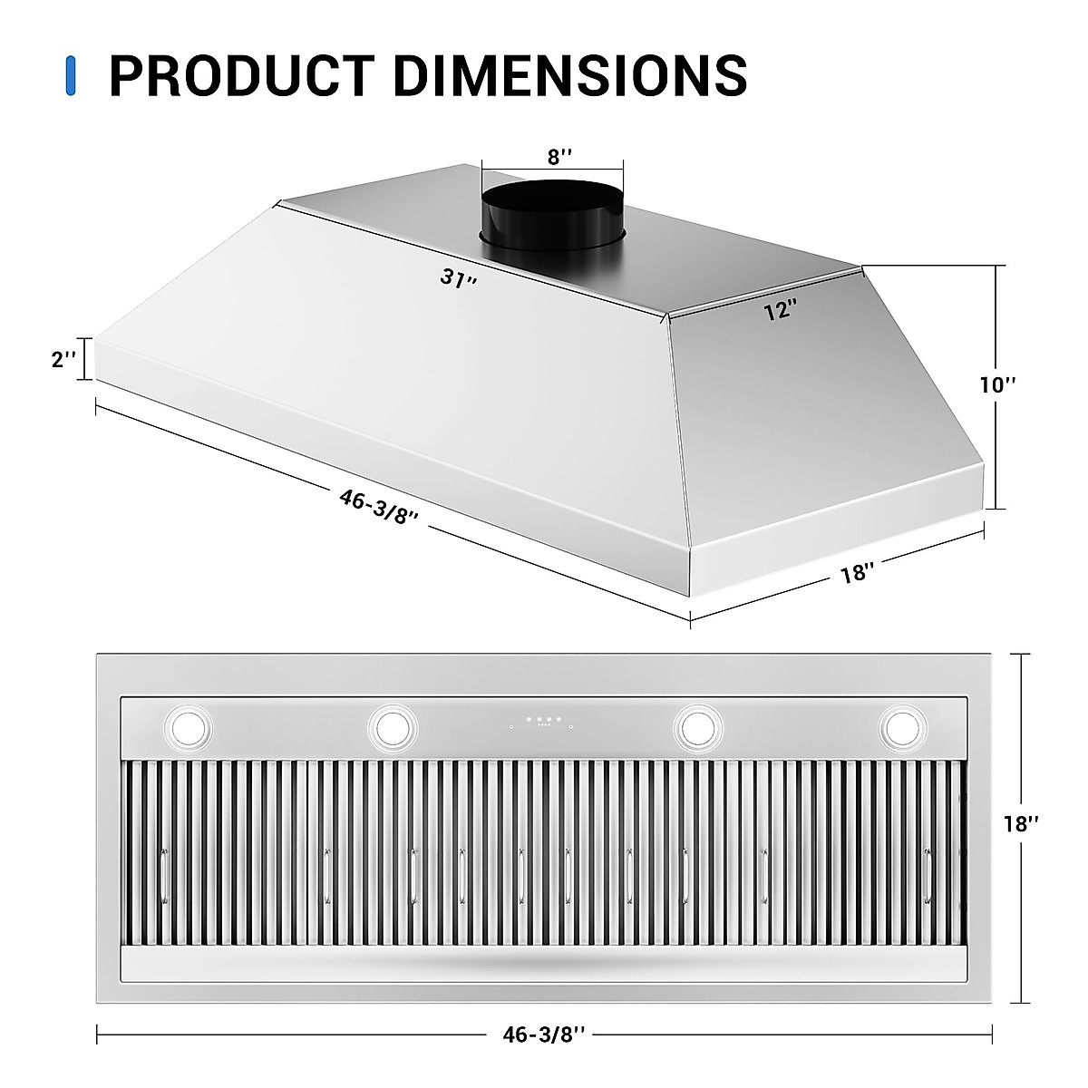 CT Copper Tailor Built-in Range Hood Insert Vent 48 Inch, 1150 CFM with 4-Speed Fan, LED Light, Dishwasher-safe Baffle Filter,Stainless Steel