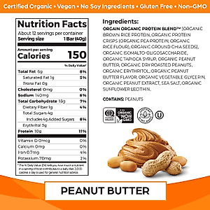 Orgain Organic Vegan Protein Bars, Peanut Butter - 10g Plant Based Protein, Low Calorie Healthy Snacks, No Lactose or Soy Ingredients, Gluten Free, Non-GMO - 1.41 Oz (Pack of 12)