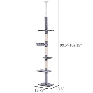 PawHut 8.5' Adjustable Height Floor-to-Ceiling Vertical Cat Tree, Gray and White