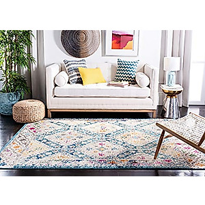 SAFAVIEH Madison Collection 8' x 10' Dark Blue / Yellow MAD418N Boho Diamond Distressed Non-Shedding Living Room Bedroom Dining Home Office Area Rug