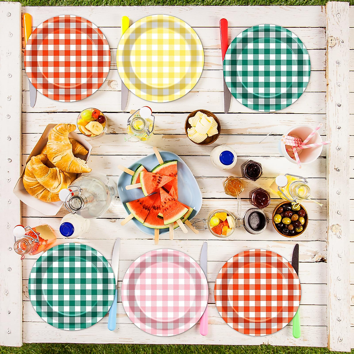 Lonfliness 48Pcs Camp Gingham Paper Plates 7Inch Gingham Checkered Bachelorette Party Supplies Glamping Birthday Tableware Dinnerware Set Summer Plaid Camping Themed Party Favors Baby Bridal Shower