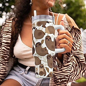 HULIBIN Brown Sloth Print Double Deck Stainless Steel Travel Coffee Cup With Lid 40 Oz Ice Bully Cup