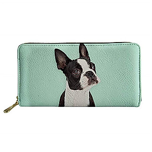 Coloranimal Slim Long Leather Wallet Funny 3D Boston Terrier Pattern Zipper Closure Bag Case Credit Cards Organizer GIft