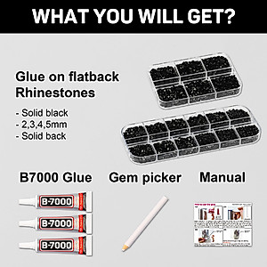 b7000 Glue with 7500Pcs Black Rhinestones for Crafts Clothes Clothing Fabric, Shiny Black Flatback Crystals for Shoes Shirt Cloth Bows,Flat Back Diamonds Set Bedazzle Gems kit Jewels 2-5mm 4 Sizes Mix
