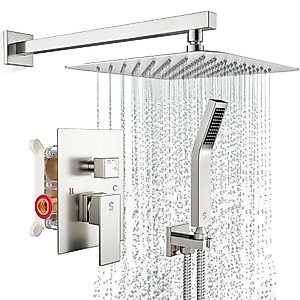 SR SUN RISE Shower Faucet Set Bathroom Square Rain Shower Head with Handheld Spray Wall Mounted Rainfall Shower Fixtures Brushed Nickel Shower Faucet Trim Repair Kits (Contain Shower Valve)