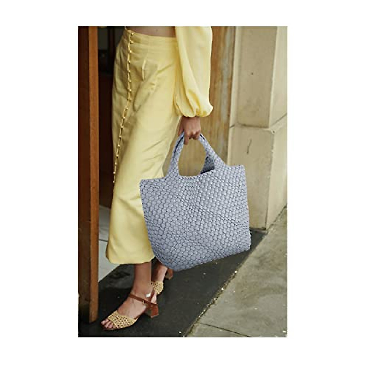 Hereubuy Now Women's Fashion Woven Bag Shopper Hand-Woven Tote Handbags and Purse for Women Ladies Vegan Soft PU Leather Shoulder Bags Large Capacity Underarm (Woven - Light Blue)