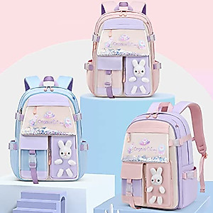 JEKAVA Kawaii Kids Backpack Cute School Bookbag for Girls Quicksand Middle School Students Rucksack Waterproof Large Capacity (Purple, Big)