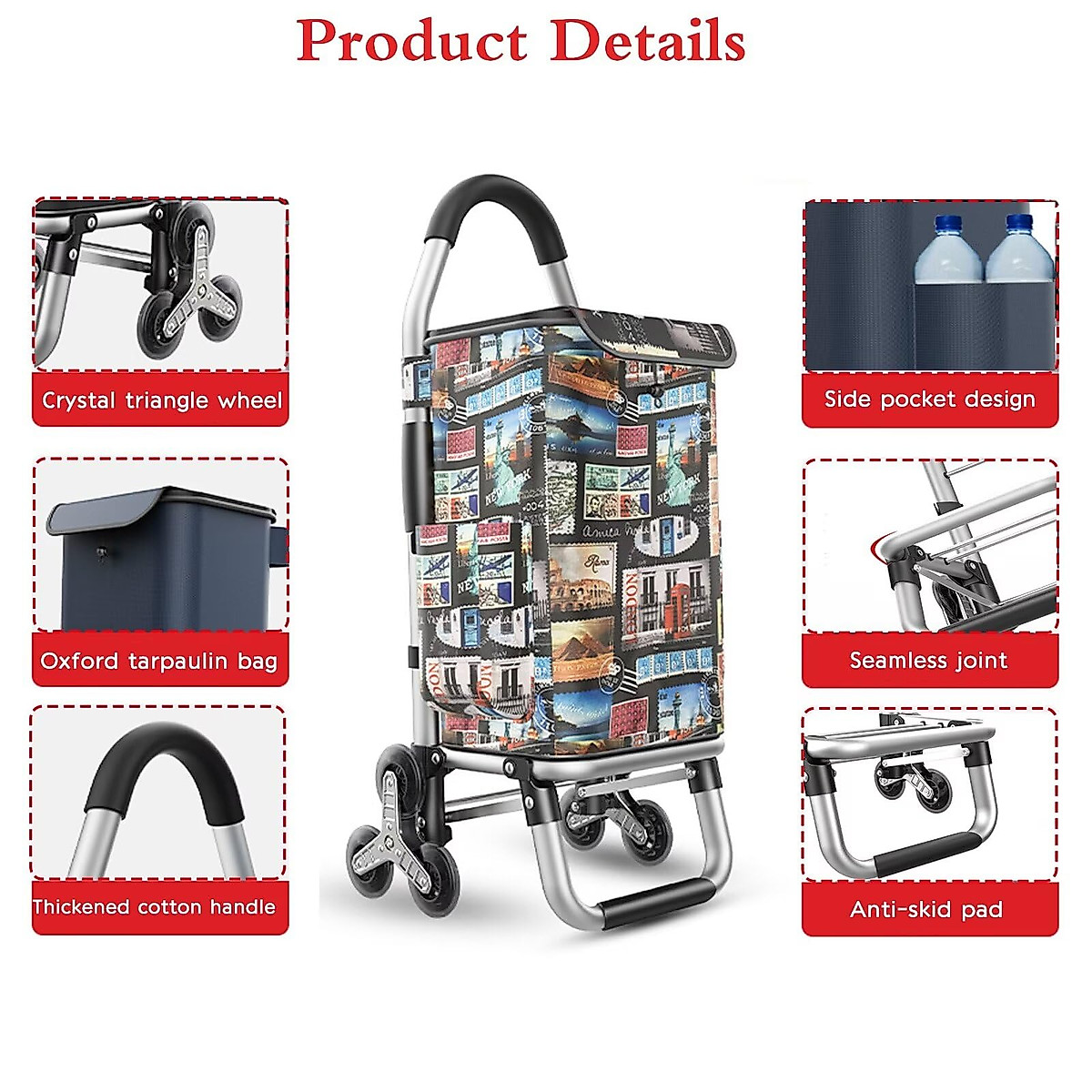 PIPRE Portable Shopping cart Bigger carts with 3 Wheels Foldable,Stamp Motif Shopping Grocery Foldable Cart