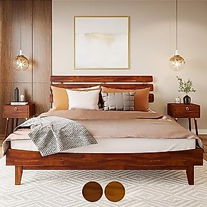 Bme Caden 15 Inch Deluxe Bed Frame with Adjustable Headboard - Mid Century, Retro Style with Acacia Wood - No Box Spring Needed - 12 Strong Wood Slat Support - Easy Assembly - Dark Chocolate, King
