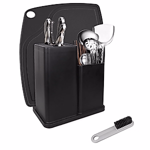 Yimerlen Universal Knife Block, Plastic Universal Knife Holder Block Without Knives, Modern Kitchen Knife Storage Utensils Organizer for Countertop (with Cleaning Brush) (Black)