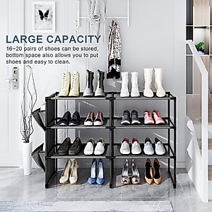 Amazer 4 Tiers Shoe Rack for Closet, Shoe Storage Organizer for 16-20 Pairs of Shoes, Shoe Shelf with Removable Pocket for Entryway Bedroom Hallway, 34.6x11x21.4 Inches (Black)