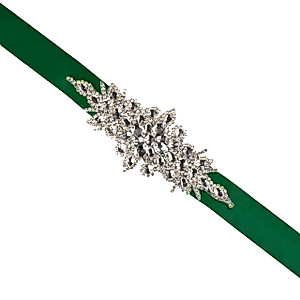 Wedding Dress Belt - Bridal Belt for Women Wedding Gown - Bridal Rhinestone Belts for Dresses by Mandala Crafts Plain Rhinestone Dark Green