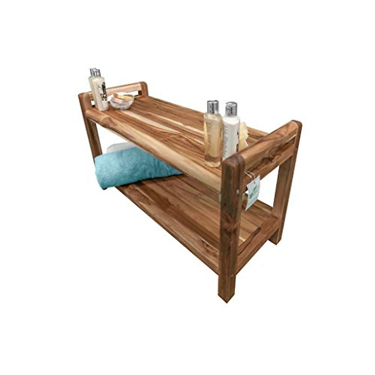 EcoDecors EarthyTeak Shower Bench Eleganto Wooden seat Garden Bench with LiftAide Arms 35" Long Natural Teak Patio Bench Wood Shower Bench for Indoor and Outdoor Use