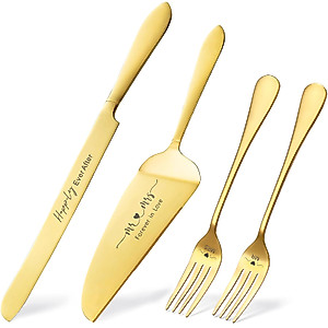 ROXBURGH Wedding Cake Knife and Server Set, Engraved Mr and Mrs Gold Forks Cake Cutting Set Pie Dessert Servers for Wedding Anniversary Bridal Shower Engagement