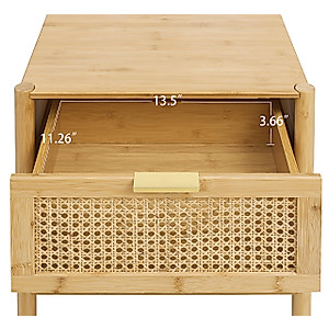Rattan Nightstand 2 Drawer, Bamboo and Rattan Mid Century Modern Nightstand, Bedside Table Accent End Table Side Table for Bedroom, Living Room (Natural + Bamboo)