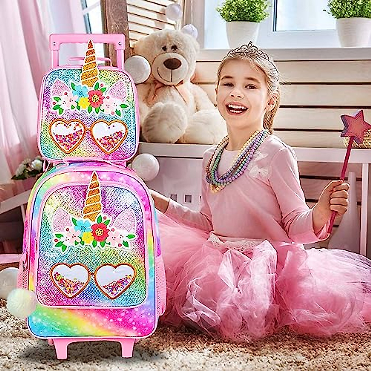 ZLYERT 3PCS Rolling Backpack for Girls, Unicorn Roller School Bag with Wheels for Kids, Wheeled Bookbag with Lunch Box for Children - Pink