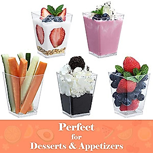 SHOPDAY 5oz Plastic Dessert Cups with Lids 100 Pack Small Clear Square Parfait Cups with Spoons, Mini Plastic Tumbler Serving Cups for Tasting Party Appetizers Mousse Yogurt