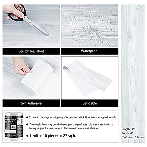 LaCheery 36"x6" 18 Tiles Bathroom Floor Tiles Peel and Stick Waterproof Sticky Floor Tile Grey White Oak Wood Plank Vinyl Flooring Tiles Peel and Stick for Bathroom Self Adhesive Vinyl Floor Tiles