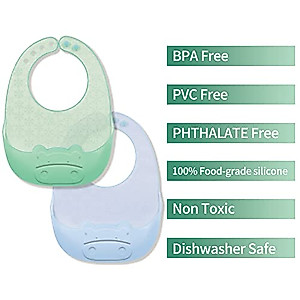 Sebikam Ultra-Thin Silicone Baby Bibs Set of 2 for Babies & Toddlers (6-72 Months) Waterproof, Soft, Unisex, Non Messy, Adjustable Fit Baby Feeding Bibs for Baby Eating(Blue & Green)