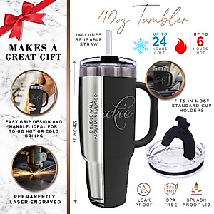 The Wedding Party Store Custom Monogrammed 40 oz Tumbler with Handle, Lid and Straw - Personalized Insulated Stainless Steel Large Cup (Black)