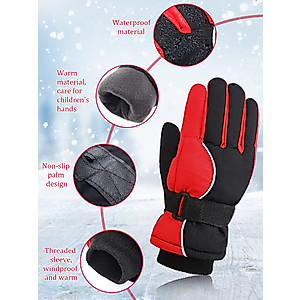 2 Pairs Kids Winter Ski Gloves, Waterproof Windproof Warm Gloves Cold Winter Gloves Unisex Warm Gloves for Boy Girl Skiing (Black, Red,4-6 Years)
