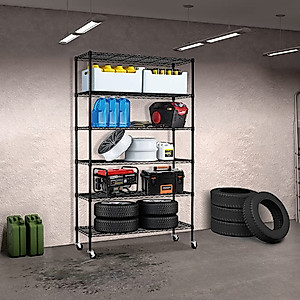 FLL 6 Tier Metal Wire Shelving Unit Garage Shelving Wire Shelving for Garage Kitchen,NSF Certification Metal Storage Shelf Rack Shelf Heavy Duty Shelves Height Adjustable with Wheels,48×18×82,Black