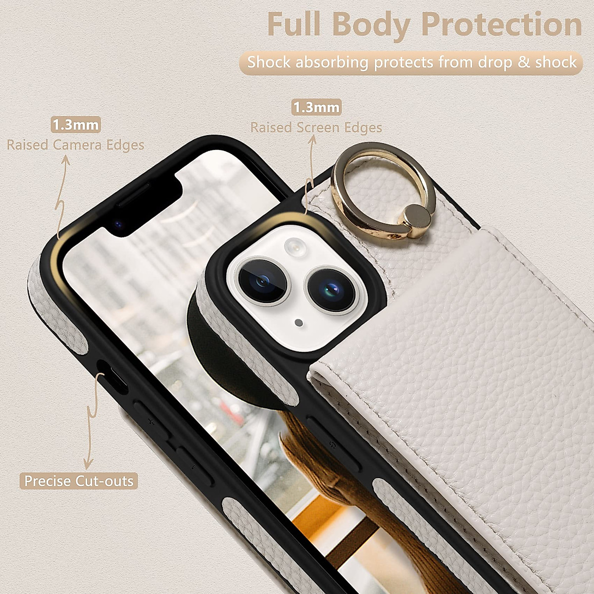 Keallce Case for iPhone 14 Plus 6.7'' Detachable Crossbody Wallet Case with RFID Blocking Card Slots, 360ｰStand Ring Flip Leather Protective Cover Lanyard Shoulder Strap Women for iPhone 14 Plus,Beige