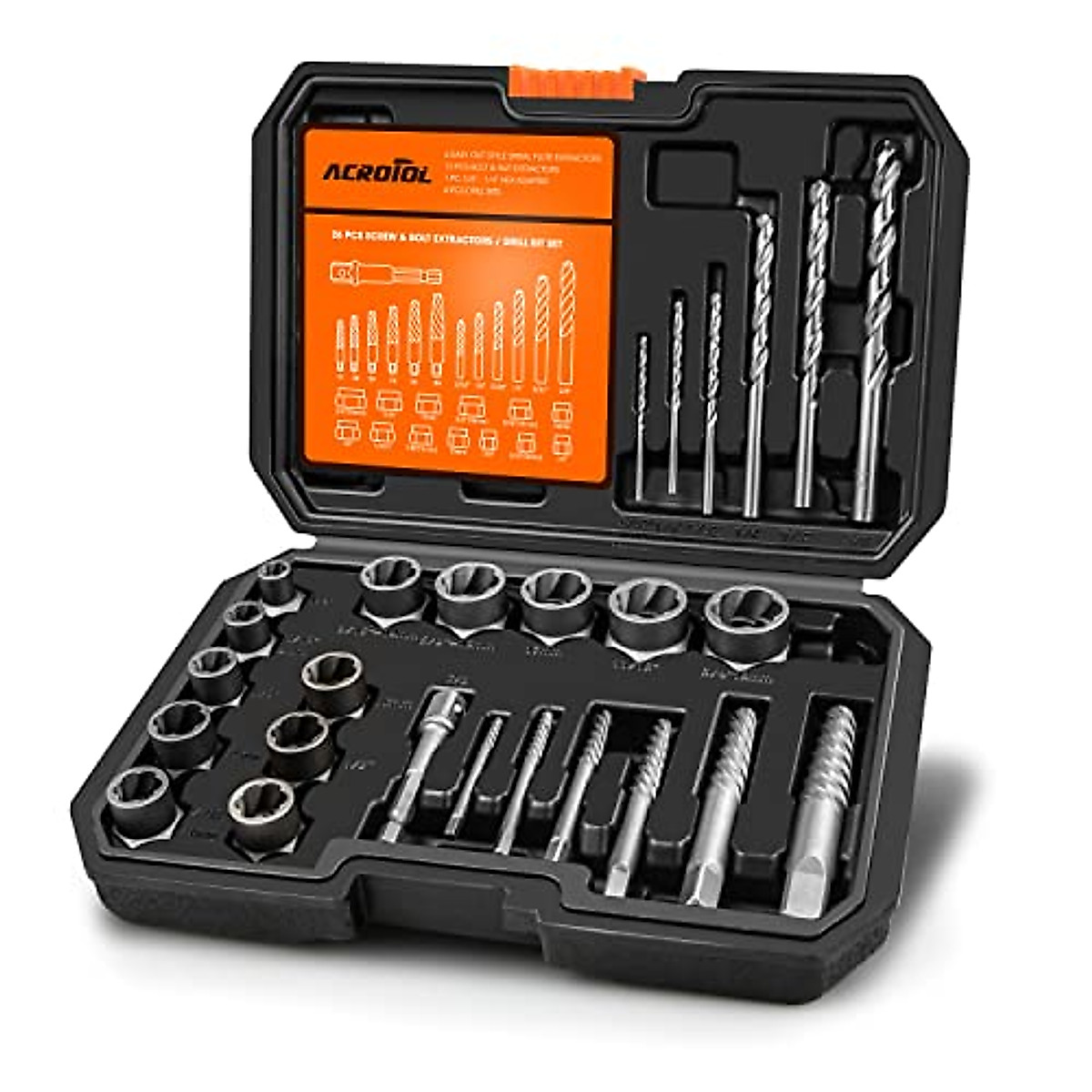 ACROTOL 26 Pieces Bolt Extractor Set, Spiral Screw Extractor Set and Drill Bits, Extraction Socket Set for Removing Damaged, Rusted, Rounded Bolts, Nuts and Screws