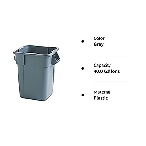 Rubbermaid Commercial 353600Gy Brute Container, Square, Polyethylene, 40Gal, Gray