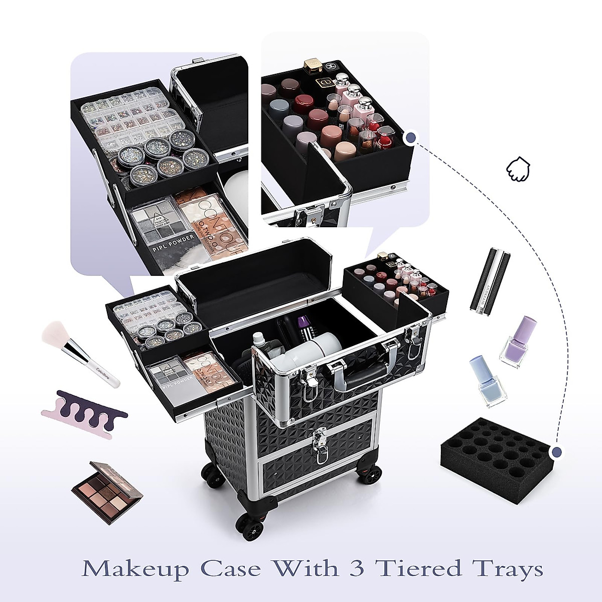 Costravio Rolling Makeup Train Case, Large Storage Professional Cosmetic Trolley Makeup Travel Case with Drawer Key Swivel Wheels Beauty Barber Tattoo Case Trunk for Makeup Nail Tech, Black