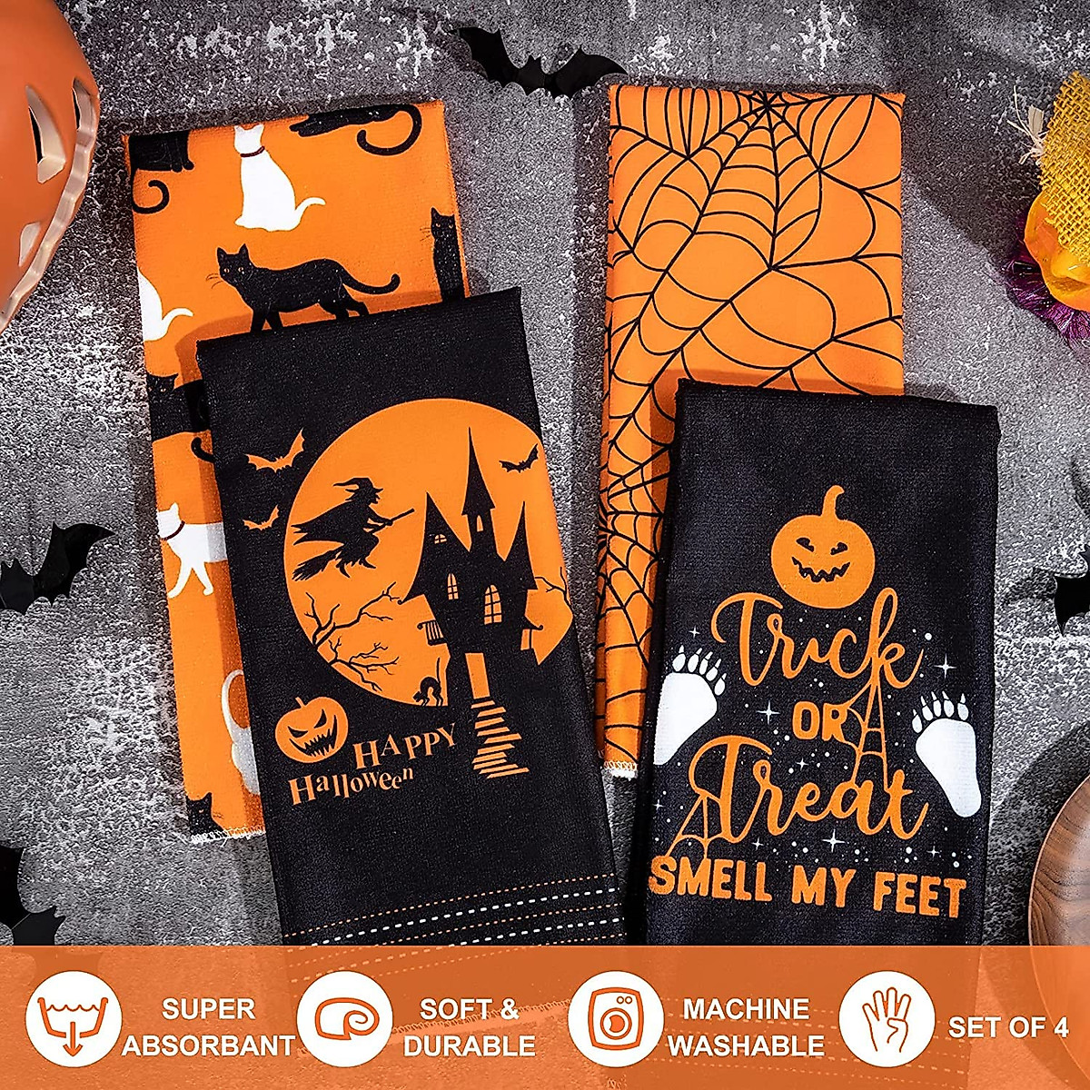 AnyDesign Halloween Kitchen Dish Towels 18 x 28 Inch Happy Halloween Tea Towel Dishcloth Orange Black Web Cat Witch Trick or Treat Drying Cloth Towel Hand Towel for Cooking Baking Bathroom, 4 Pack