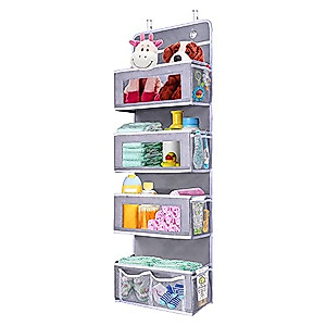 ULG Over the Door Bag Organizer Hanging Fabric Storage Organization with 4 Spacious Pockets, 10 Mesh Pockets, 2 Mounted Hangers, Great for Pantry Closet Bedroom Nursery Dorm Organizing-Grey