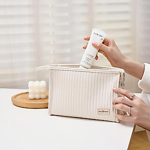 MIRASON Makeup Bag Set of 3 Cute Cosmetic Travel Bag Organizer Pouch Set for Women PU Leather Waterproof Toiletry Bag 3 Piece Set, Beige