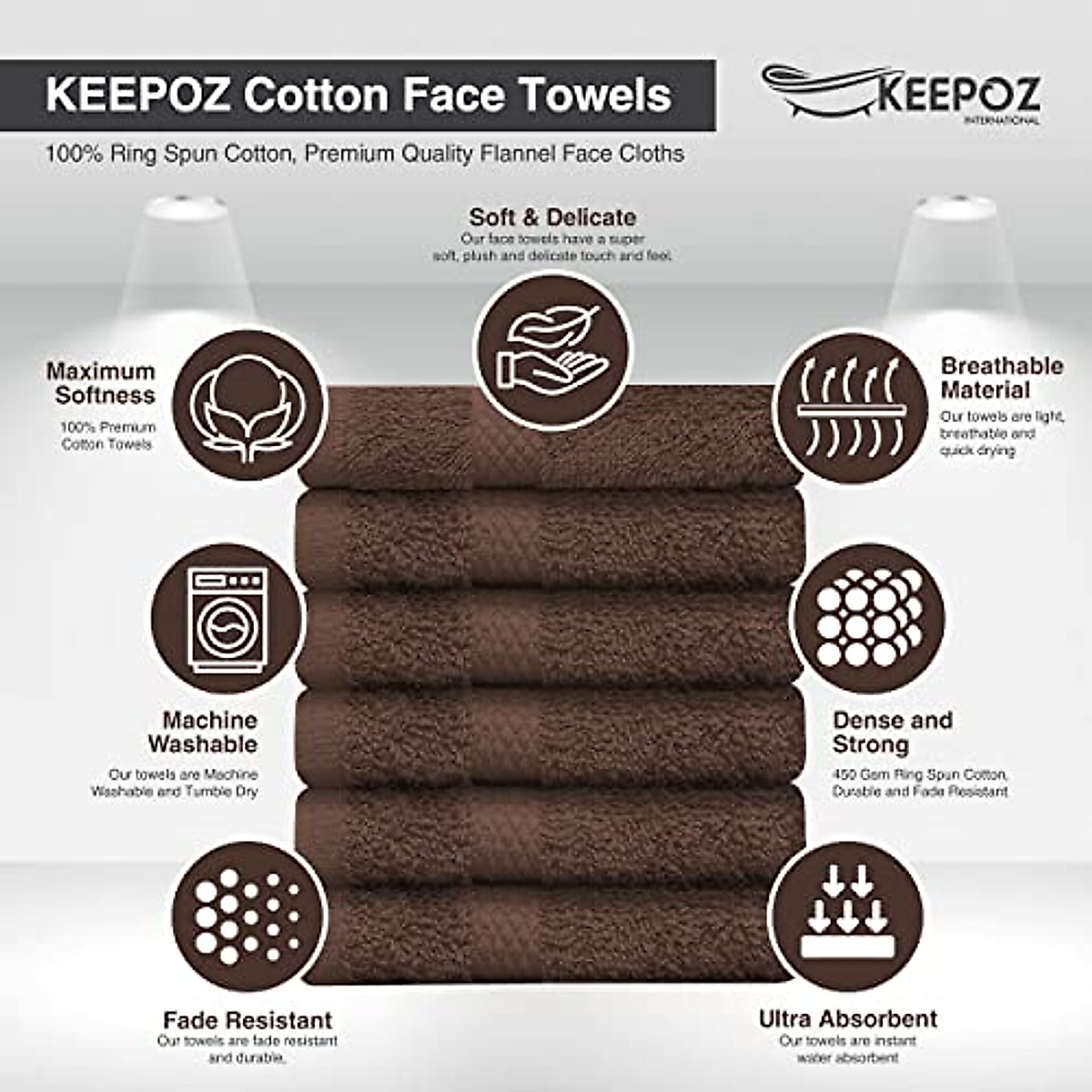 KEEPOZ [24 Pack Wash Cloths Set (12 x 12 Inches) | 100% Cotton Ring Spun Cotton | Soft and Fluffy | Highly Absorbent Fade Resistant Essential Washcloths for Bathroom, Gym, Spa and Face Towel (Brown)