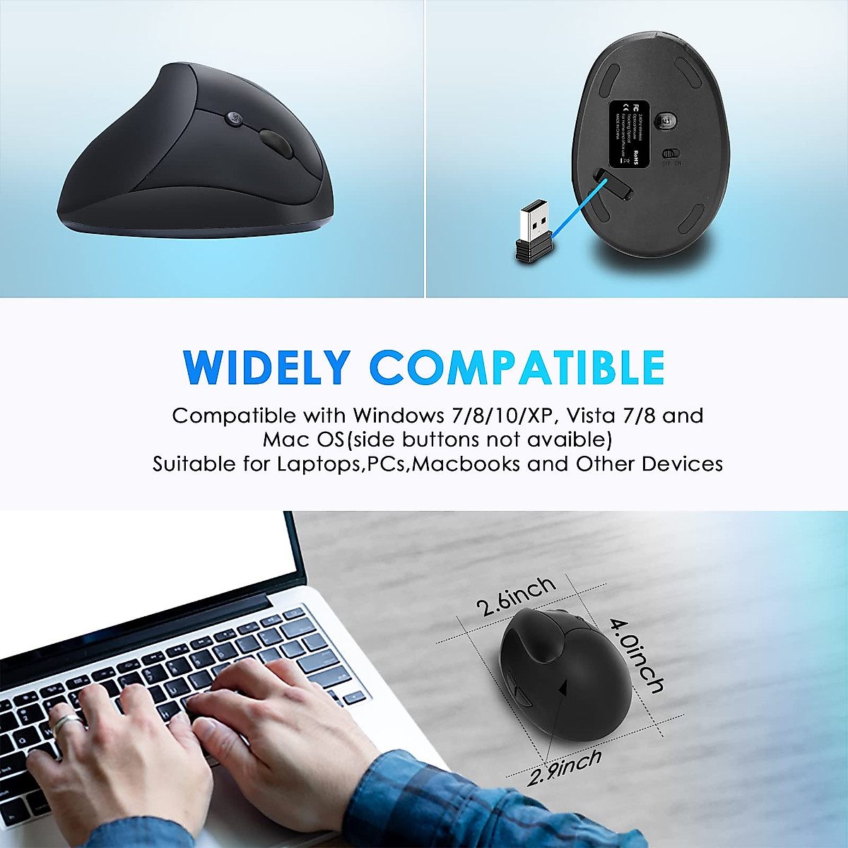 WREWING Ergonomic Mouse, 2.4GHz Rechargeable Wireless Vertical Mouse with SUB Receiver, 6 Buttons 3 Shift Adjustable DPI, Silent Ergonomic Mouse for Laptop PC Desktop Mac