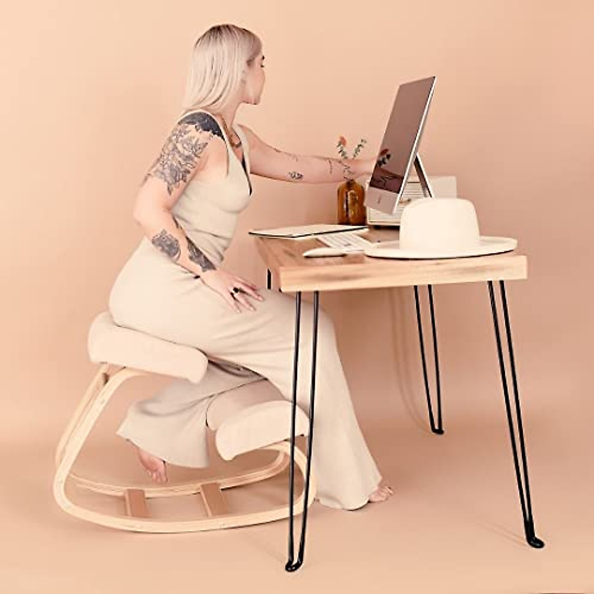 Sleekform Ergonomic Kneeling Chair - Home Office Rocking Desk Stool for Active Sitting - White Comfortable Cushions Wood