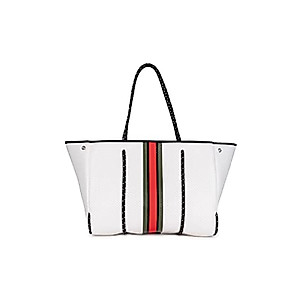 Haute Shore - Greyson Trento Neoprene Tote Bag w/Zipper Wristlet Inside, White Coated W/Red, Black & Green Stripe