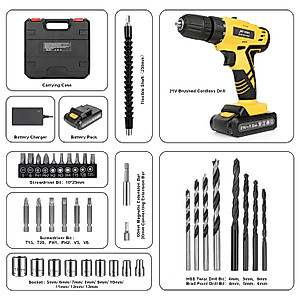 Jar-Owl 21V Cordless Drill, 350 in-lb Torque, 0-1350RMP Variable Speed, 10MM 3/8'' Keyless Chuck, 18+1 Clutch, 1.5Ah Li-Ion Battery & Charger for Home Tool Kit - Black & Yellow