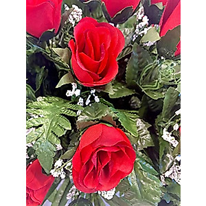 Cemetery Flowers for Grave Decoration with Red Rose Buds and Baby's Breath made into a Saddle Arrangement for Headstones