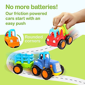 IQ Toys 4 Pack Friction Powered Cars Construction Vehicles for Toddlers, with Car Tractor, Bulldozer, Dumper and Cement Mixer Truck