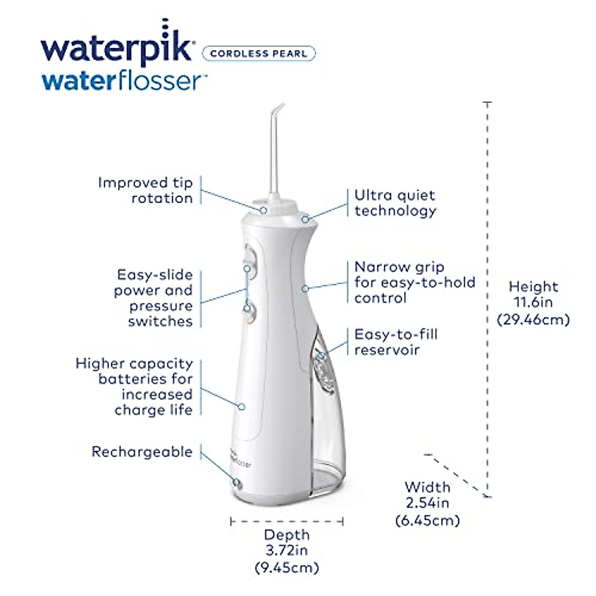 Waterpik Cordless Pearl Rechargeable Portable Water Flosser for Teeth, Gums, Braces Care and Travel with 4 Flossing Tips, ADA Accepted, WF-13 White