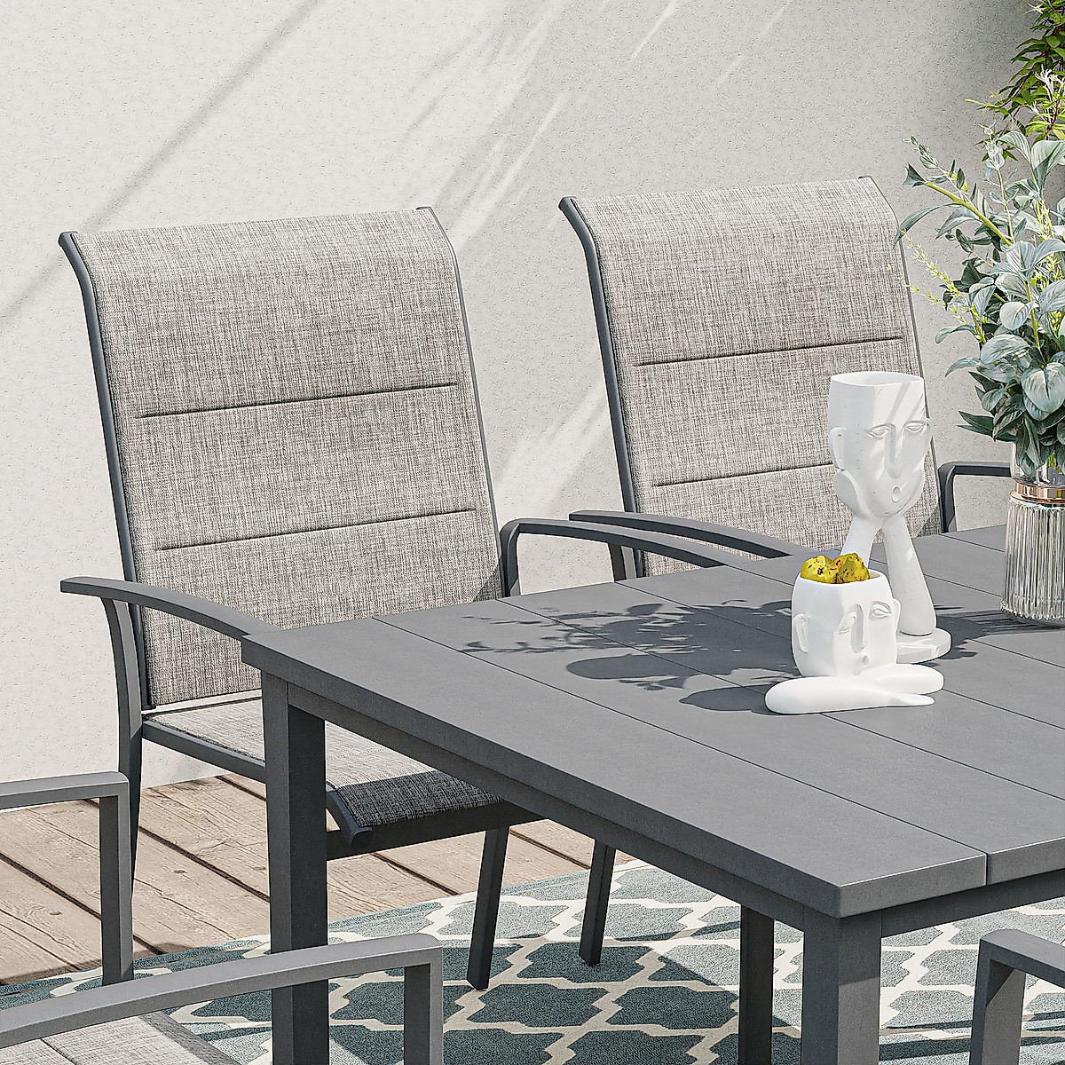 VICLLAX Patio Stackable Dining Chairs Set for 2, Outdoor Padded Metal Dining Chairs Lawn Chairs for Garden Yard Deck, Support 300 lbs, Dark Grey Frame & Grey Tone Fabric