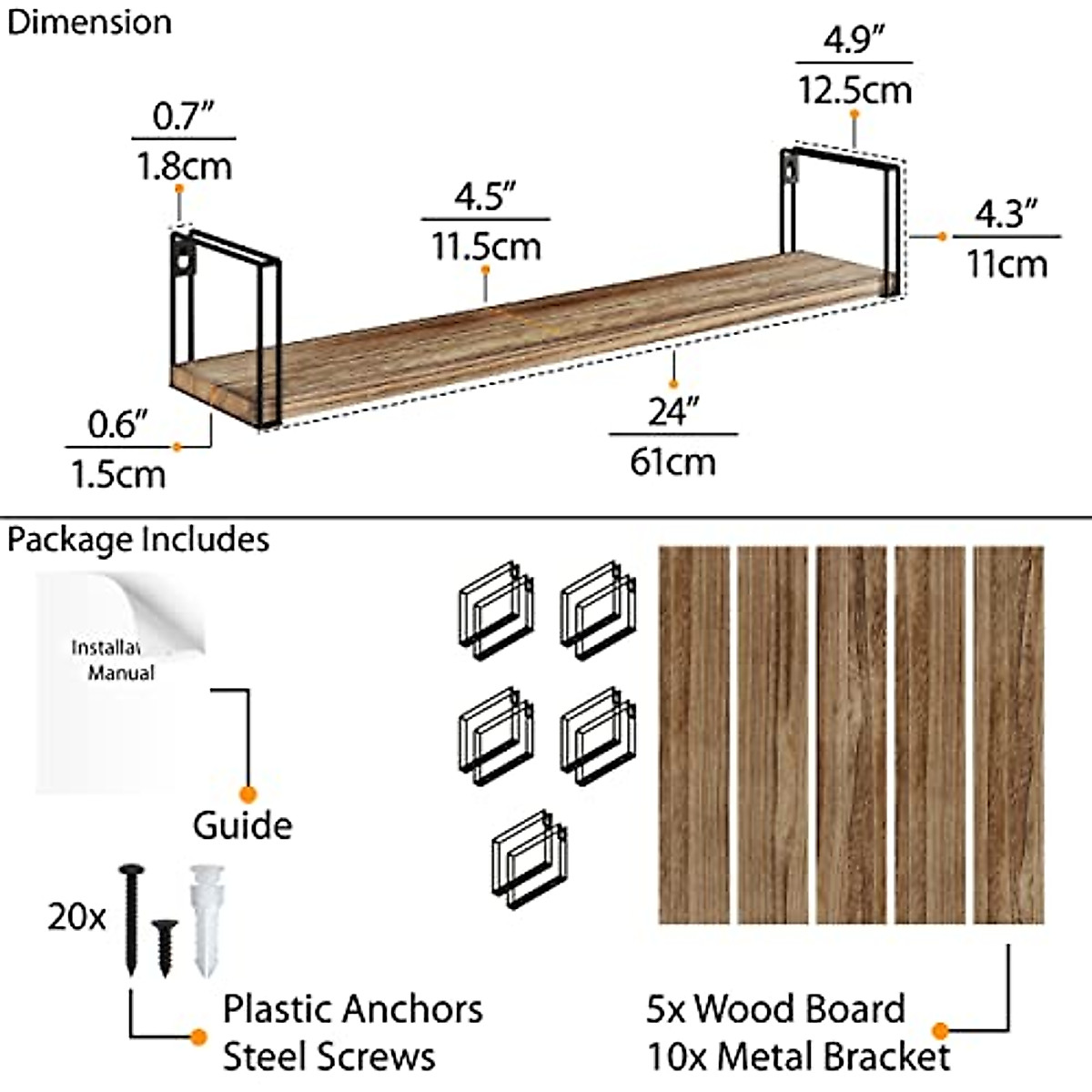 Wallniture Avila 24" Floating Shelves for Wall, Kitchen Organization & Office Shelves, Bookshelf for Living Room Decor, Laundry Room Shelves Set of 5 Burnt Finish