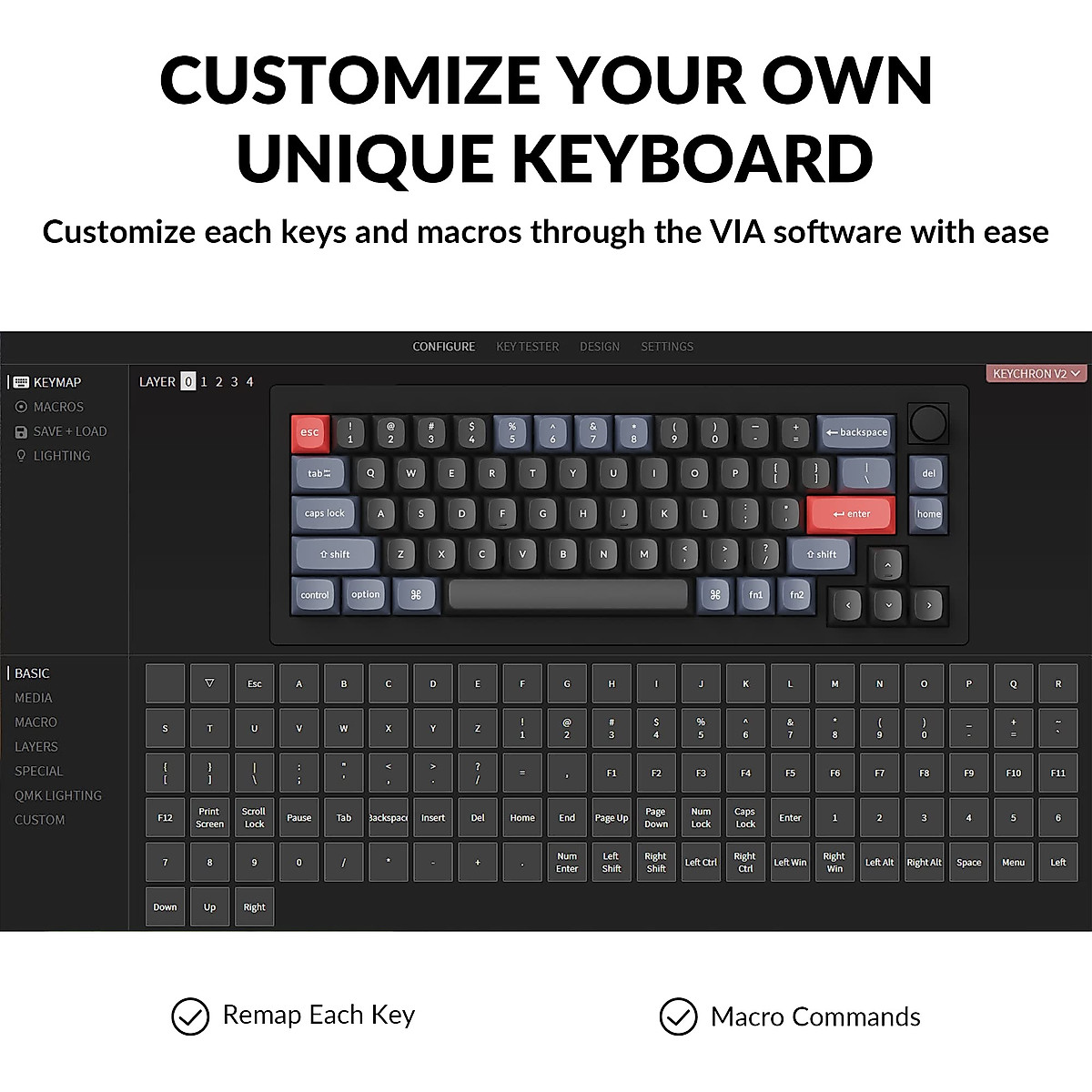 Keychron V2 Wired Custom Mechanical Keyboard Knob Version, 65% Layout QMK/VIA Programmable with Hot-swappable Keychron K Pro Blue Switch Compatible with Mac Windows Linux Carbon Black(Non-Transparent)