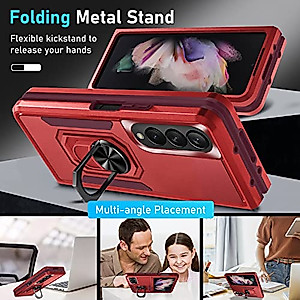 PULEN for Samsung Galaxy Z Fold 4 5G Case with Screen Protector+Camera Lens Protector (3 in 1),Magnetic Metal Ring Kickstand Cover [Military Grade] [Shockproof Protection] Heavy Duty Case -Red